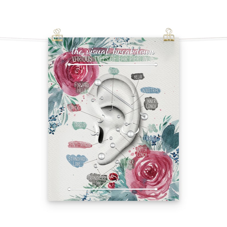 Ear Piercing Chart With Loose Watercolor Florals, Hand Painted ...