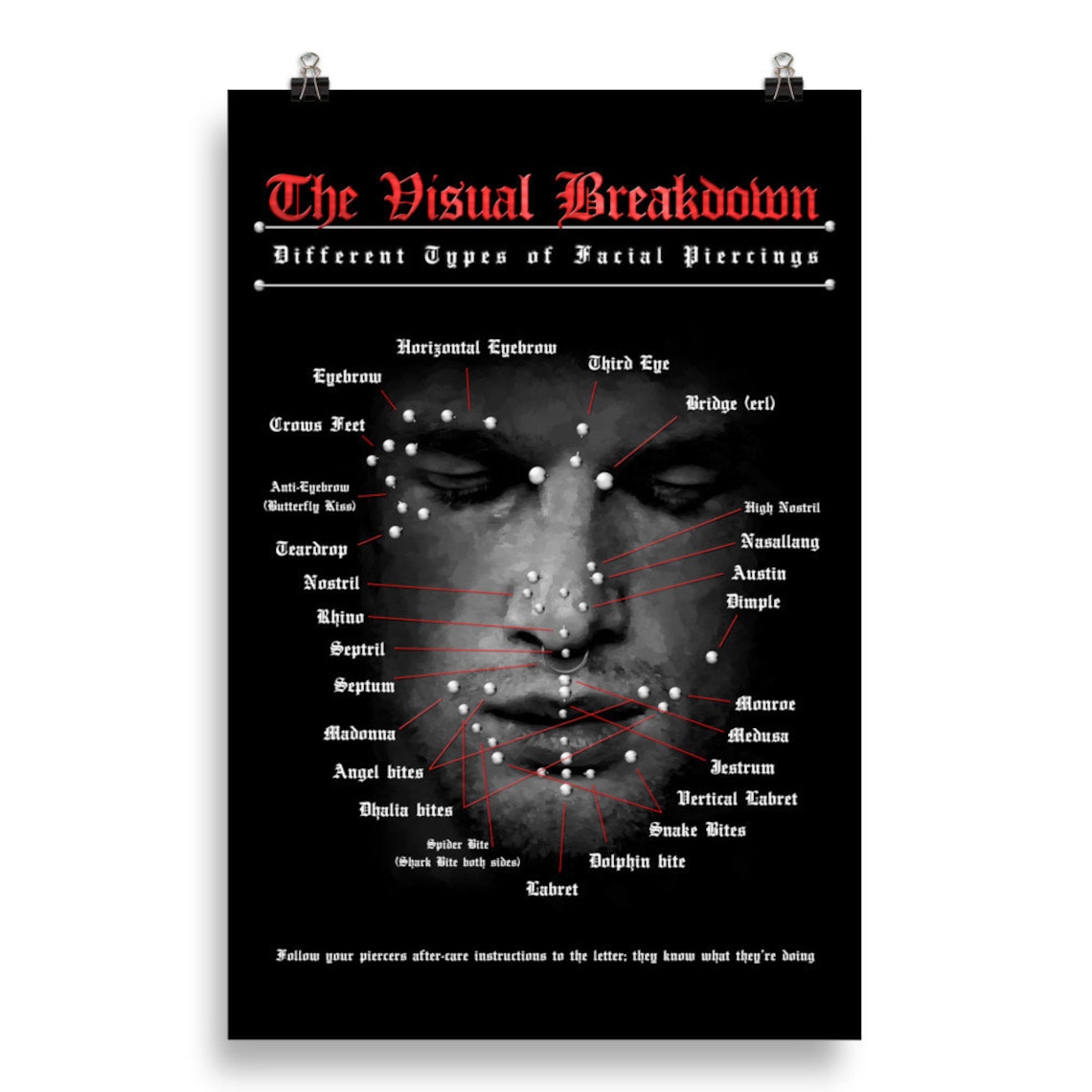 Face Piercings Chart Poster Infographic Gothic Various Types of Face ...