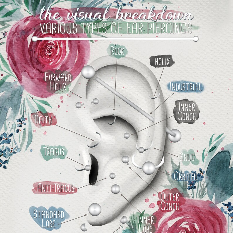 Ear Piercing Chart With Loose Watercolor Florals, Hand Painted ...