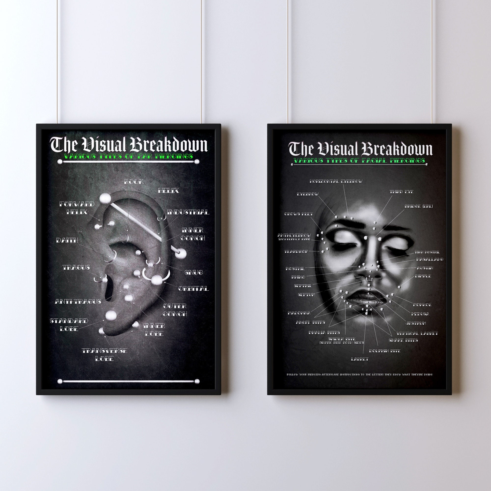 Grunge Ear Piercing Chart Wall Art Infographic Poster (matching for ...