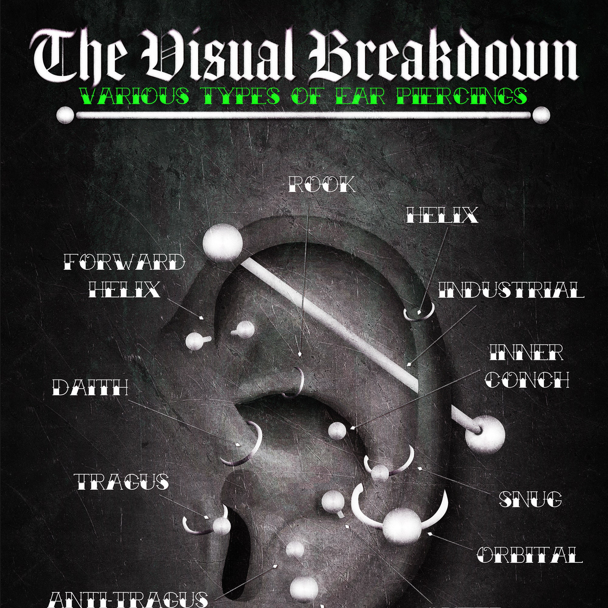 Grunge Ear Piercing Chart Wall Art Infographic Poster (matching for ...