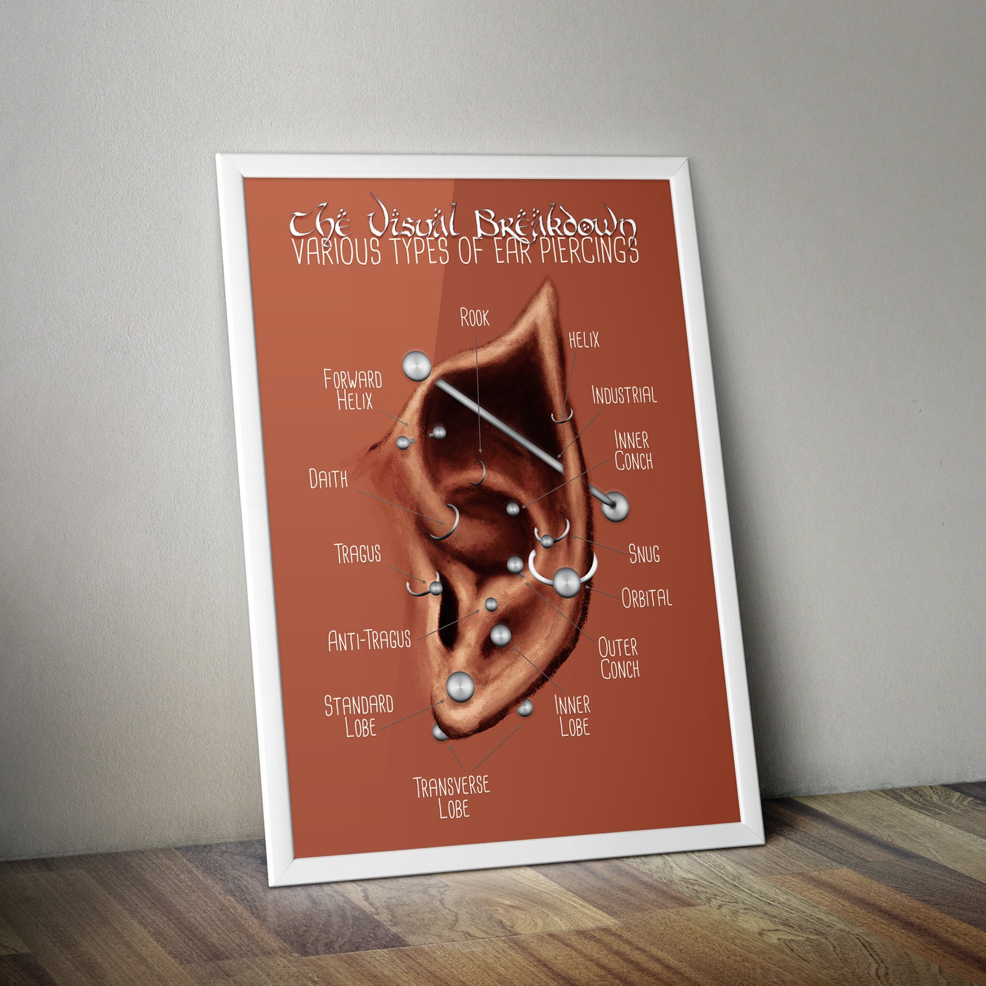 Elf Ear Piercing Chart Gift Medium Skin Tone Print Ear Piercing Map ...