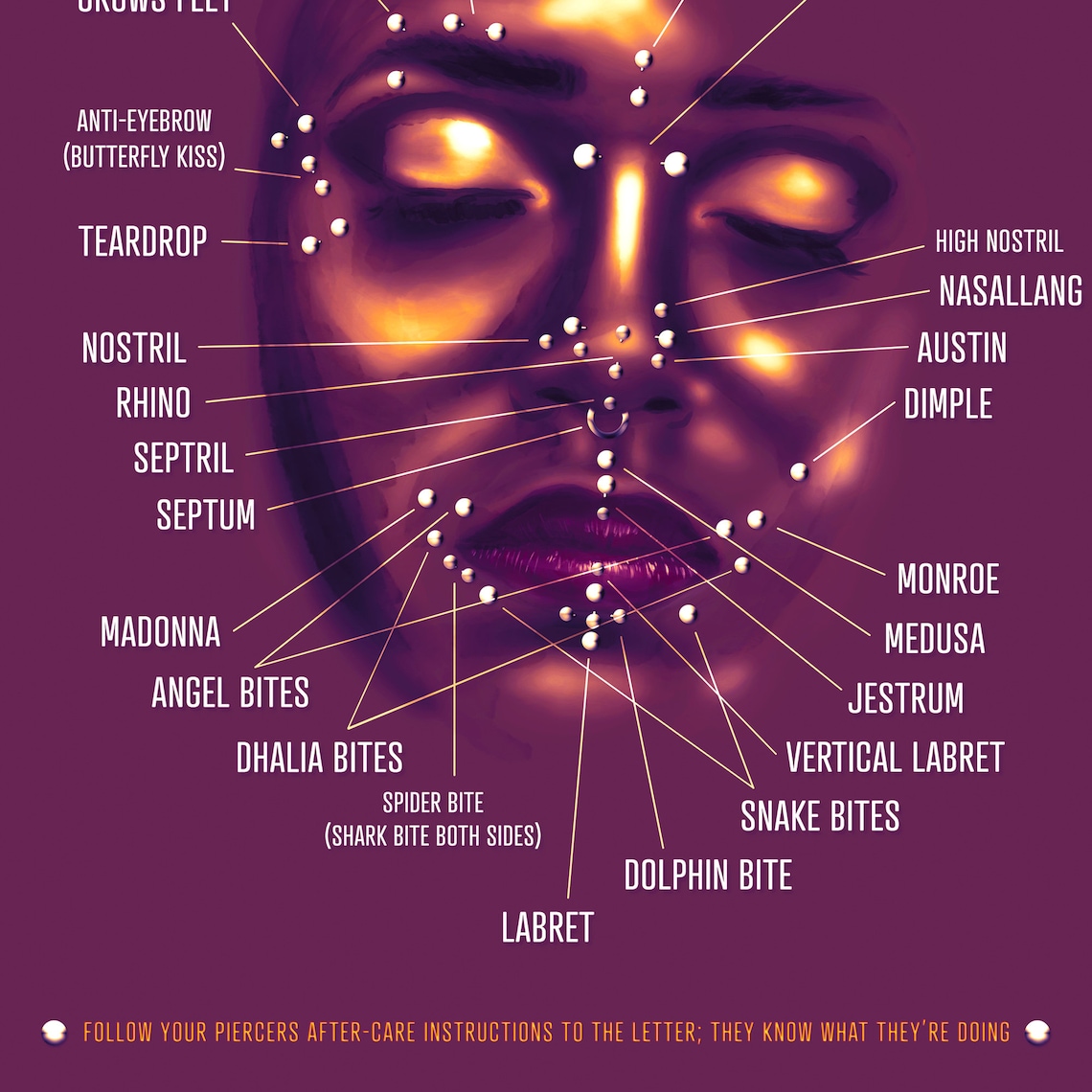 Face Piercing Chart Poster Facial Piercing Infographic Print Wall Art ...