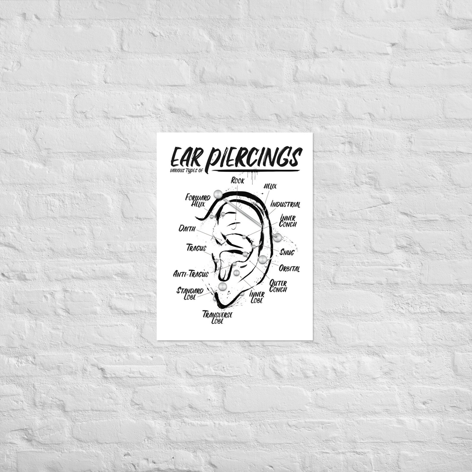 Ink Ear Piercing Chart Print Various Types of Ear Piercings Poster Ear ...