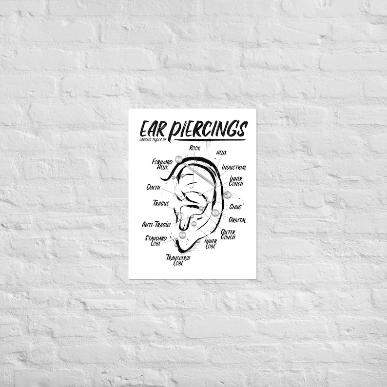 Ink Ear Piercing Chart Print Various Types of Ear Piercings Poster Ear ...