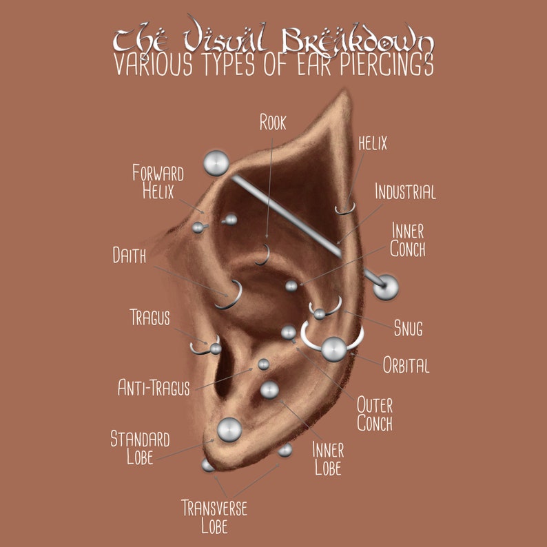 Elf Ear Piercing Chart Gift Medium Skin Tone Print Ear Piercing Map ...