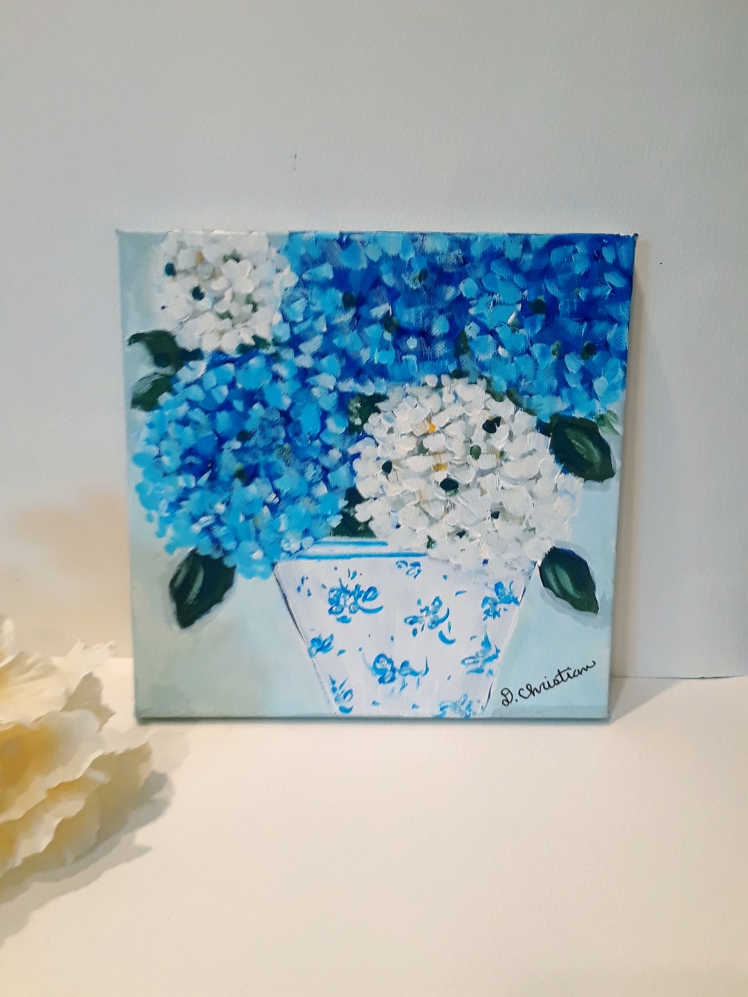 Blue Hydrangea Painting, hamptons Blue , Acrylic on 8x8 Canvas - Etsy