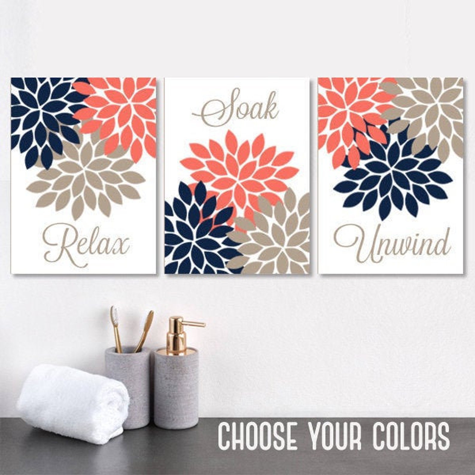 Navy Coral Beige Bathroom Wall Art Prints or Canvas Bathroom - Etsy
