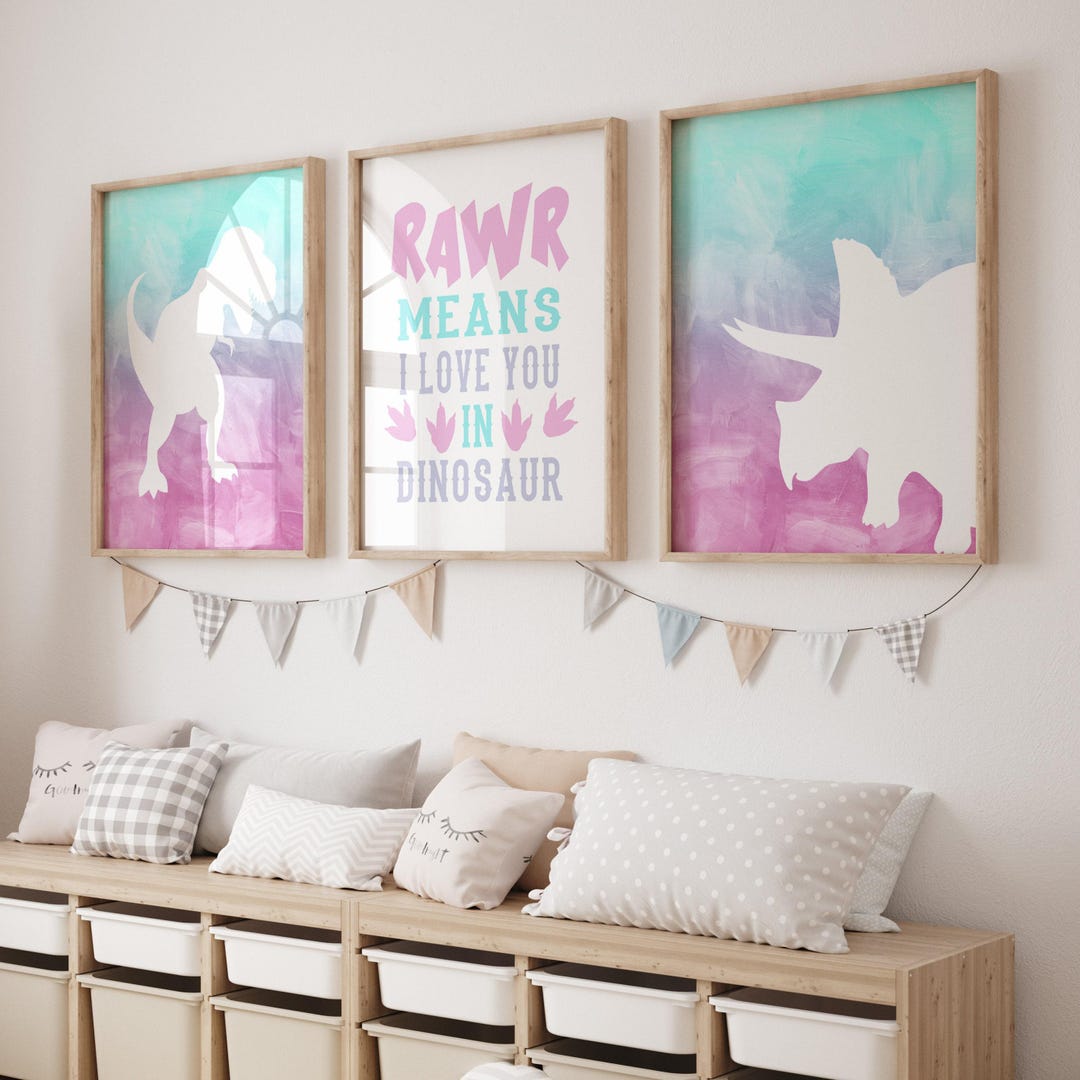 Pink Watercolor Dinosaur Prints: Girls Nursery Wall Art, Set of 3 - Etsy