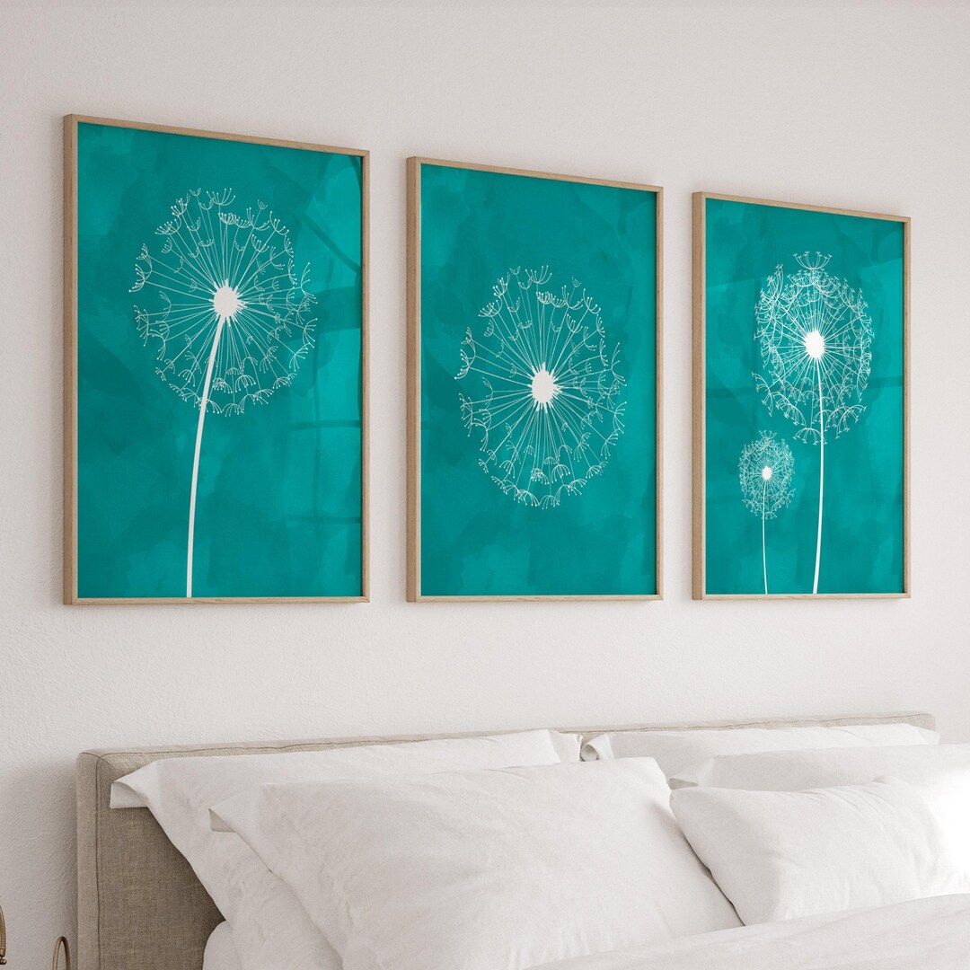 Teal Dandelion Wall Art Prints: Set of 3 Bedroom Pictures - Etsy