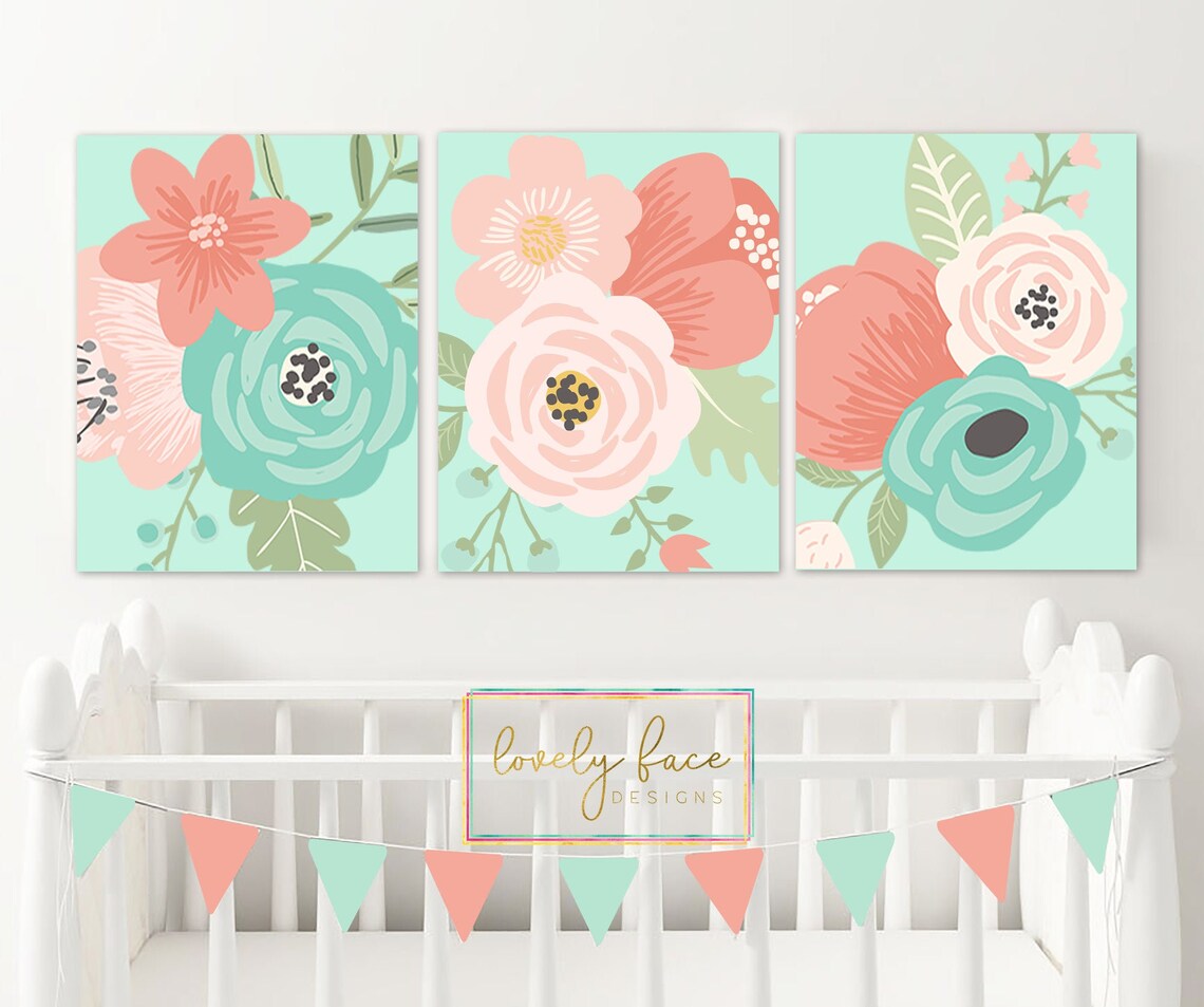 Flower Nursery Wall Art Girl Nursery Prints or Canvas Mint | Etsy