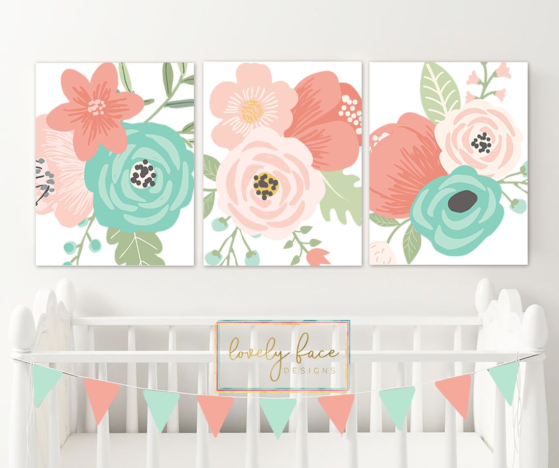 Navy Coral Aqua Flower Wall Art Coral Navy Girl Flower | Etsy