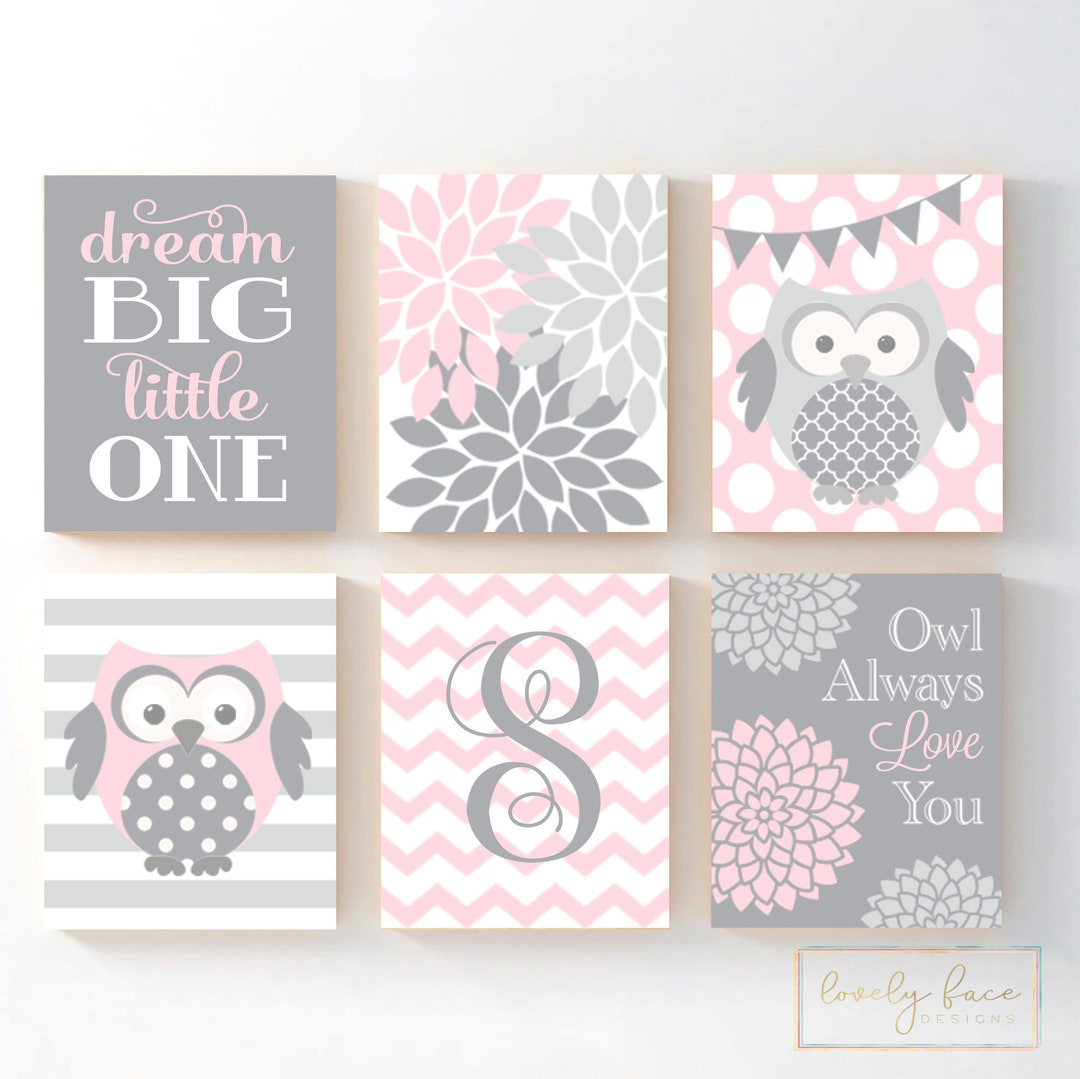 Pink Gray Owl Wall Art, Baby Girl Owl Nursery Art, Pink Gray Nursery ...