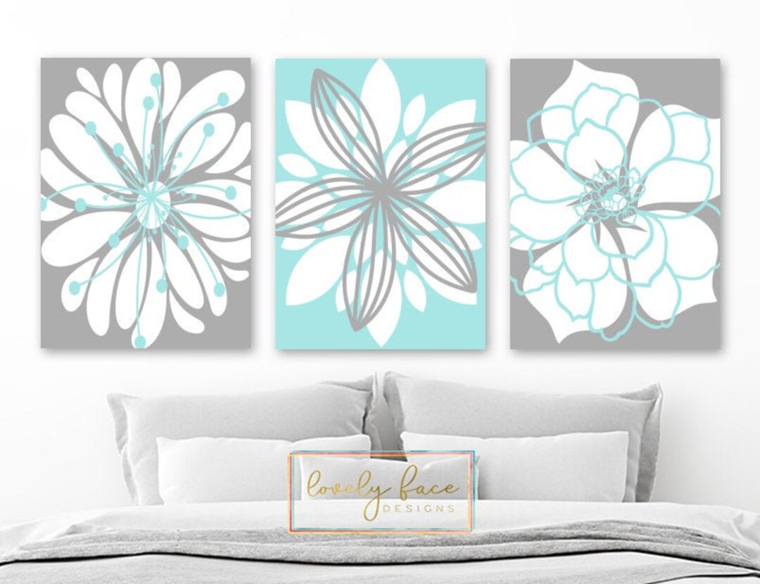 Aqua Flower Wall Art Flower Bedroom Wall Decor Prints or - Etsy