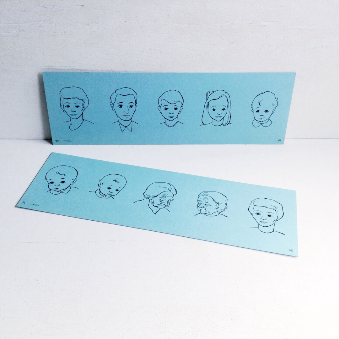 Retro Pair Large Blue FLASHCARDS W/ Faces, Vintage Flash Cards ...