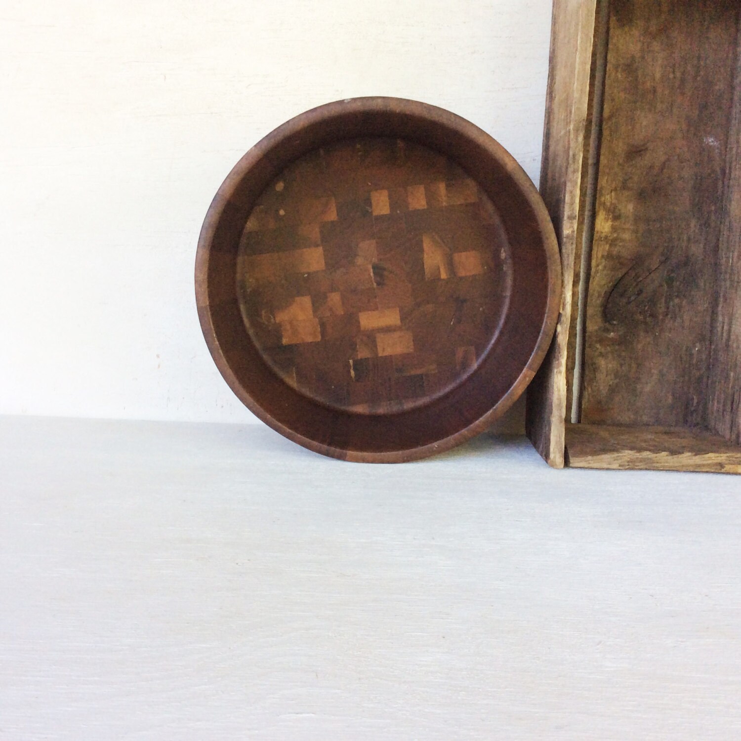 Danish Modern Round Walnut Wood Salad Serving Bowl W/ Geometric Inlaid ...