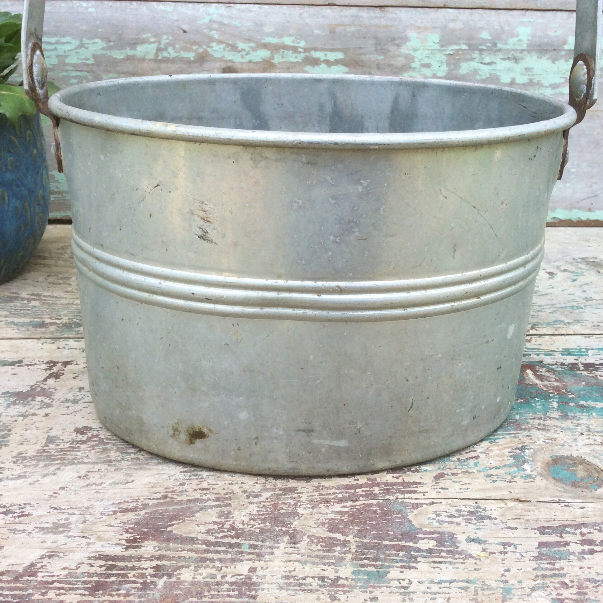 Vintage Silver Aluminum Bucket W/ Fixed Handle, Industrial Farmhouse ...