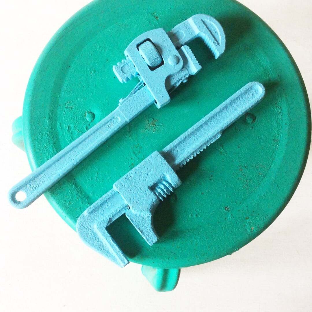 Industrial Pair of Blue Hand Painted & Decorative Pipe Wrench's ...