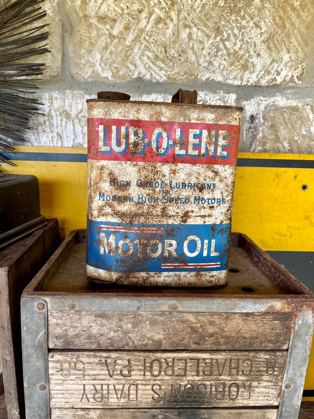 Industrial Tin Metal LUB-O-LENE 2 Gallon Motor Oil Can (EMPTY) Salvaged ...