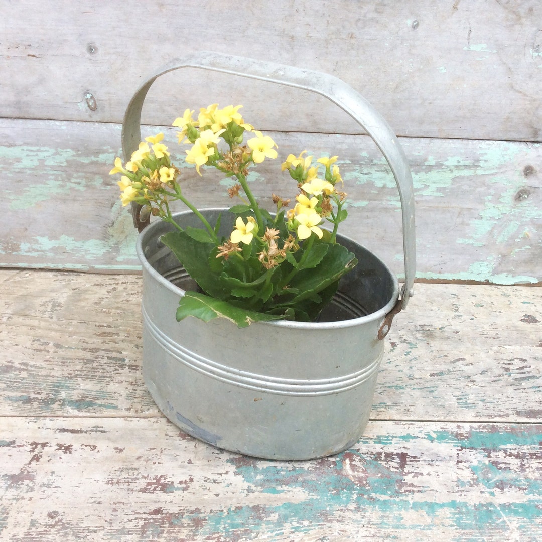 Vintage Silver Aluminum Bucket W/ Fixed Handle, Industrial Farmhouse ...