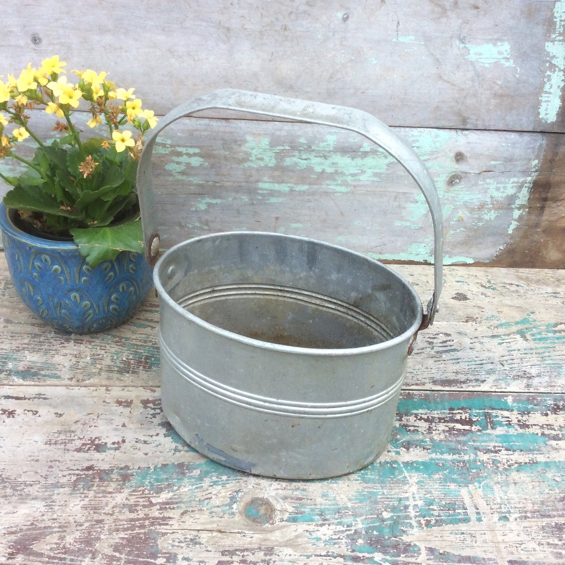 Vintage Silver Aluminum Bucket W/ Fixed Handle, Industrial Farmhouse ...