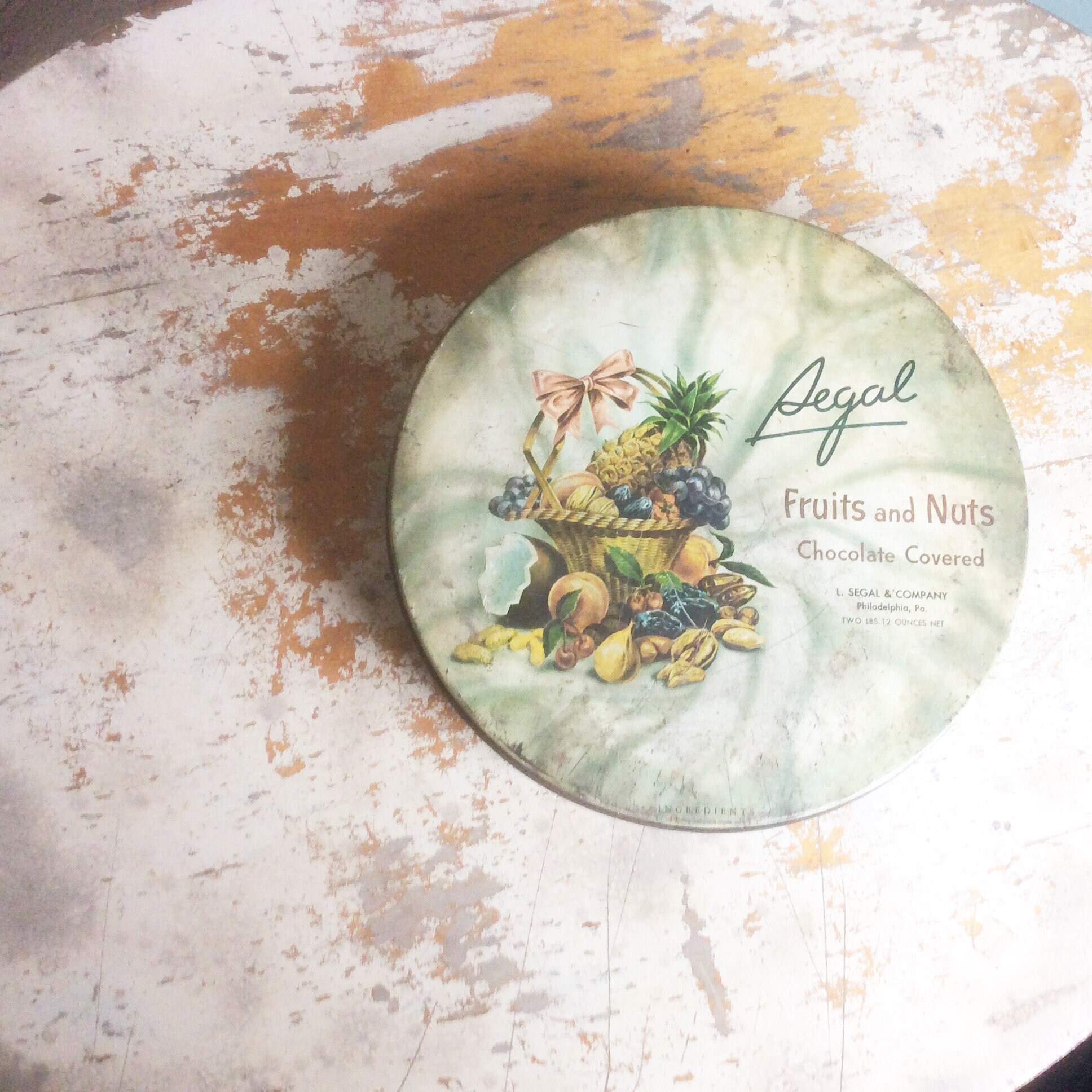 Vintage SEGAL Round Metal Candy Tin Container chocolate Covered Fruits ...