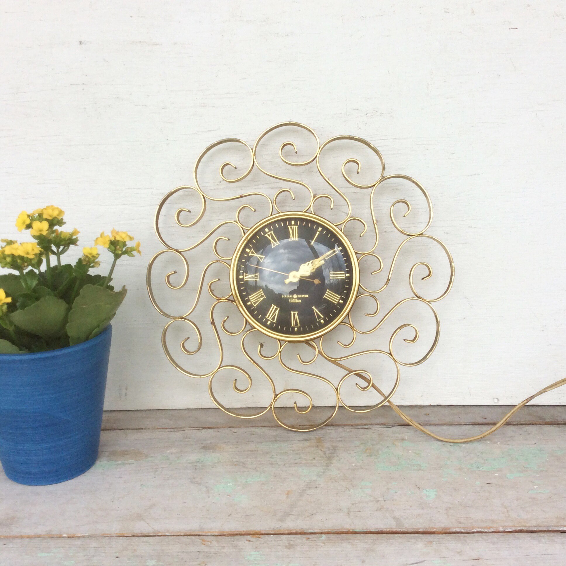 Vintage General Electric "telechron" Metal Wall Clock W/ Gold Scroll ...