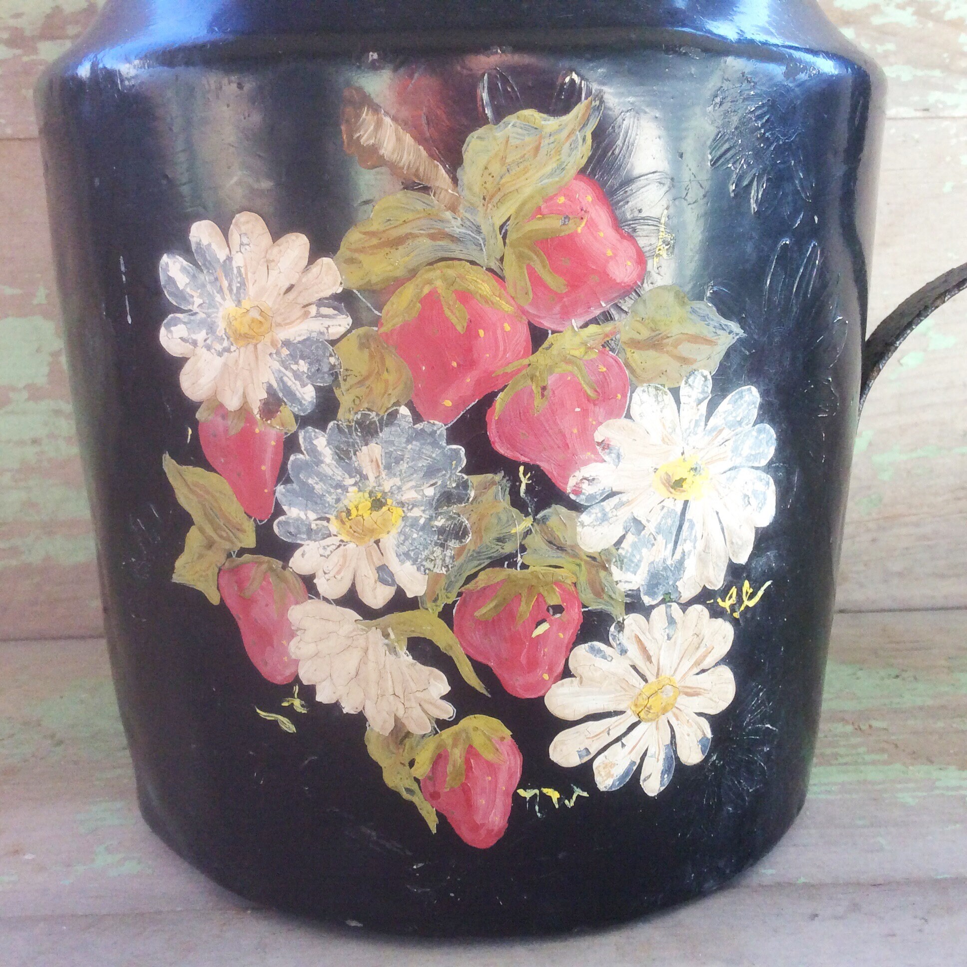 Rustic Black Metal Decorative Pitcher Vase W/ Hand Painted Fruit ...