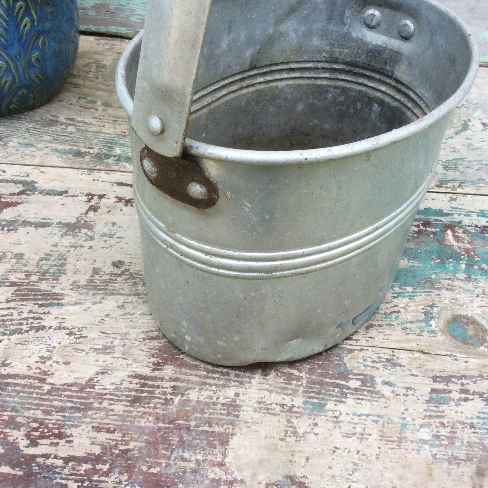 Vintage Silver Aluminum Bucket W/ Fixed Handle, Industrial Farmhouse ...