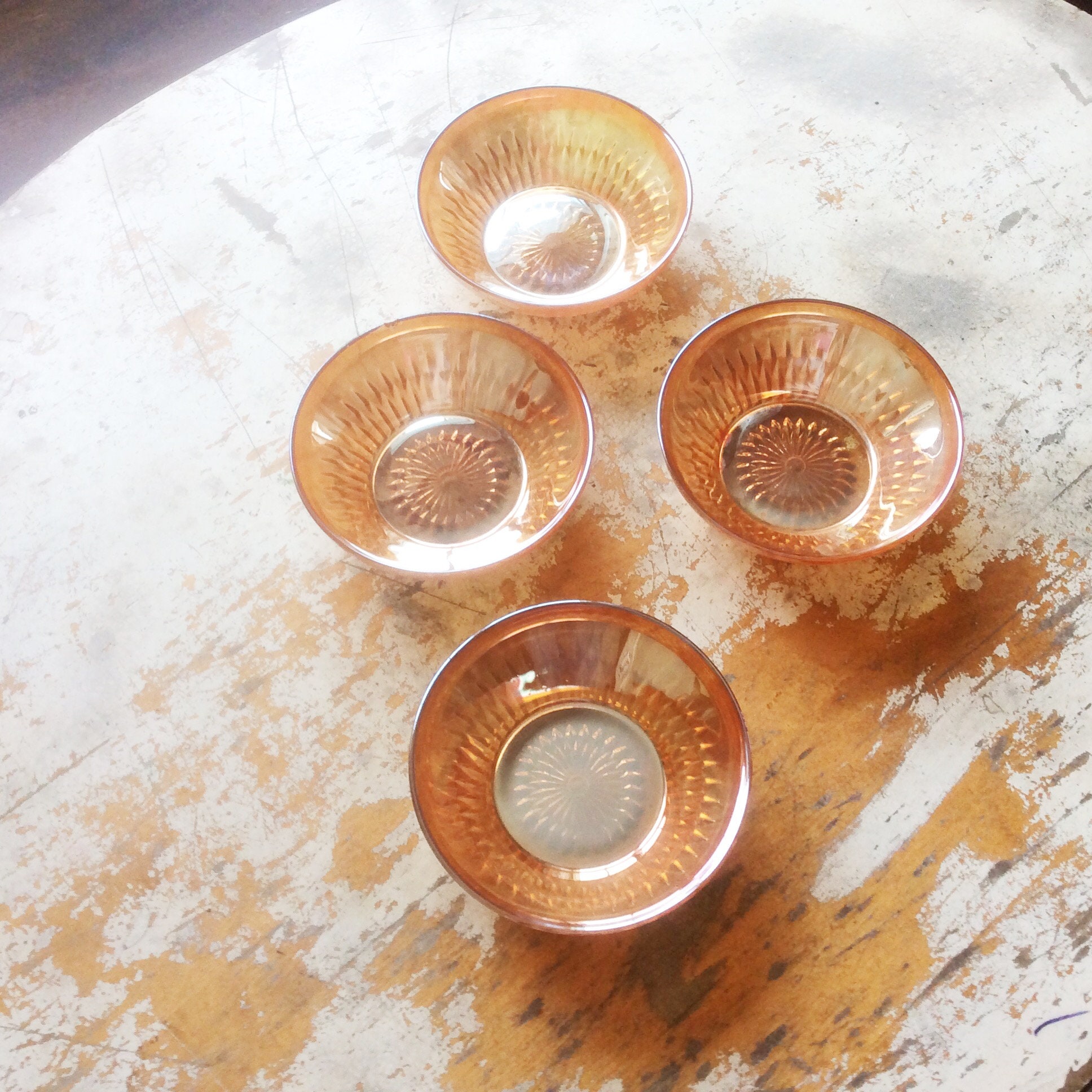 Set of 4 Iridescent Marigold Carnival Glass Berry Custard Bowls, Ca ...