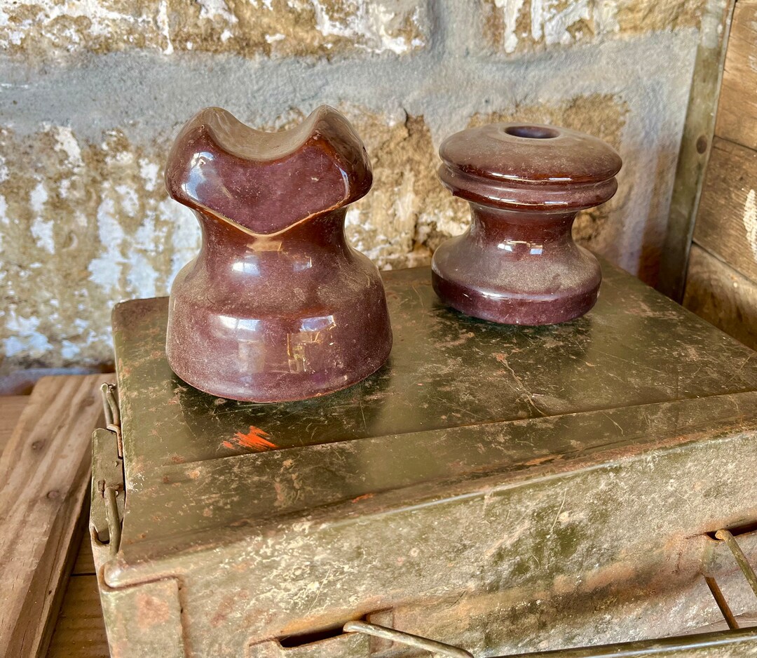 Antique Pair Brown Porcelain Insulators Saddle Groove & Spool Styles ...
