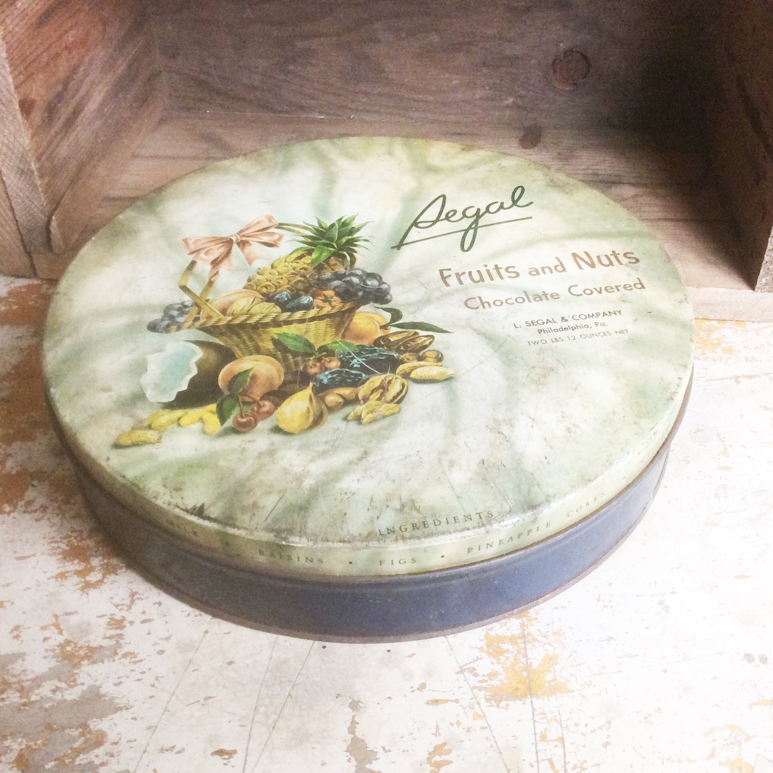Vintage SEGAL Round Metal Candy Tin Container chocolate Covered Fruits ...