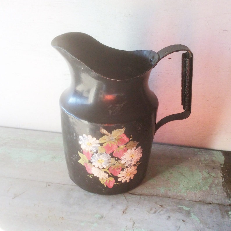 Rustic Black Metal Decorative Pitcher Vase W/ Hand Painted - Etsy