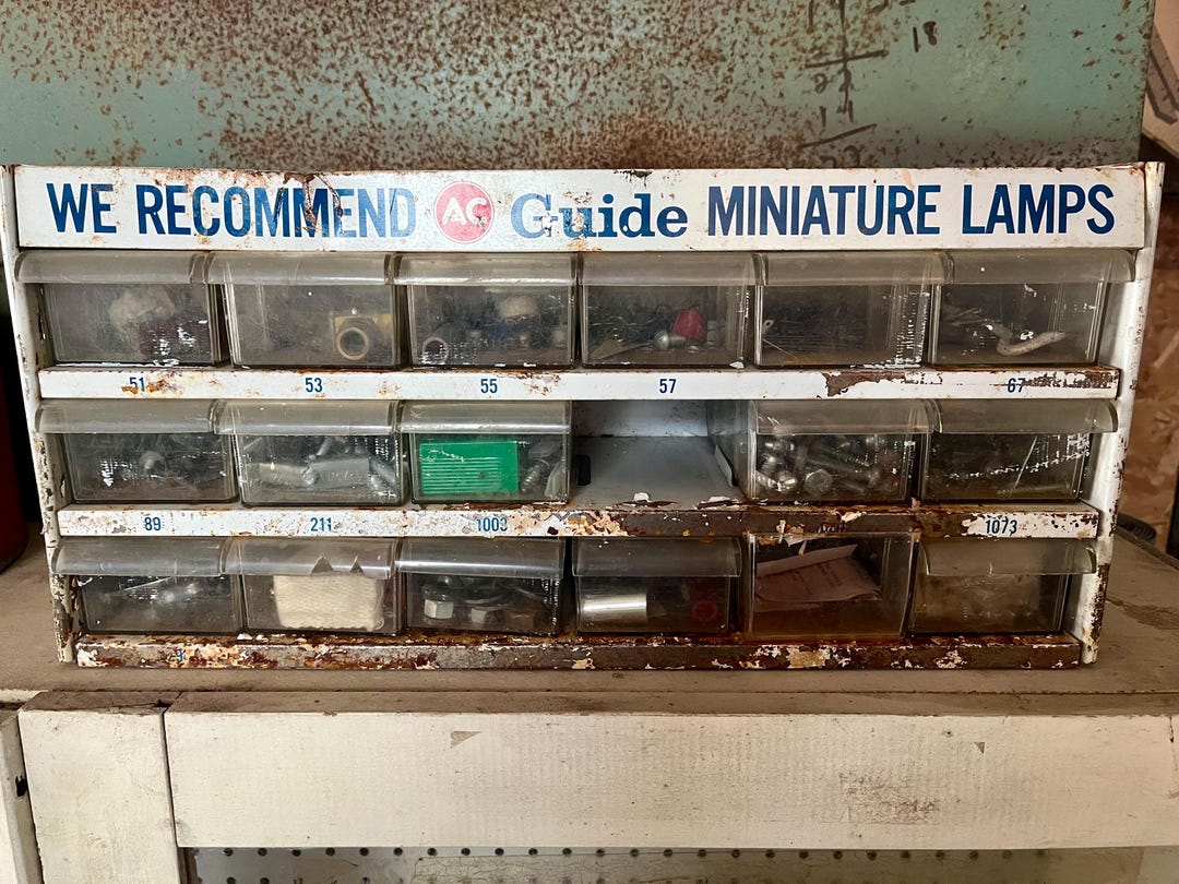 Distressed AC DELCO Miniature Headlight Bulb Storage Cabinet, 17 ...