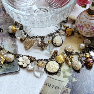 Pearl and Gold Charm Bracelet, Shabby Chic, Vintage Inspired Bracelet, Charms Bracelet, Crystal ...