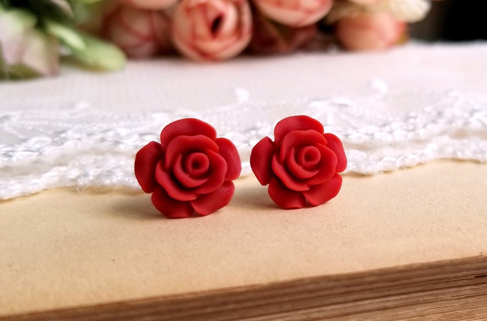 Red Flower Earrings Red Rose Earrings S925 Earrings - Etsy