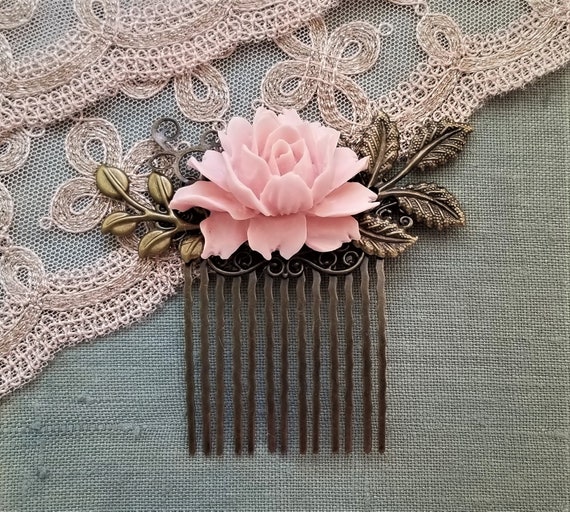 Pink flower comb Pink rose comb Rustic bridal comb Flower | Etsy