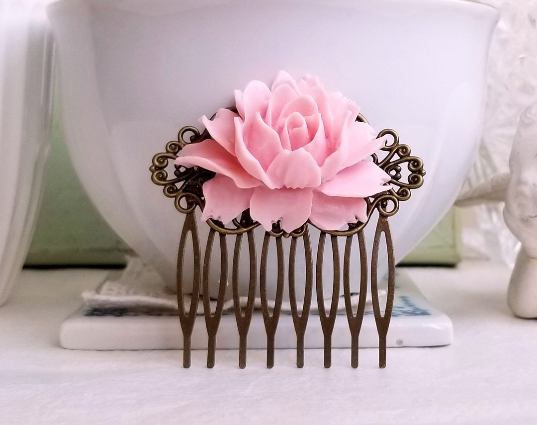 Baby Pink Rose Comb Rustic Bridal Comb Flower Wedding Hair Comb Shabby ...
