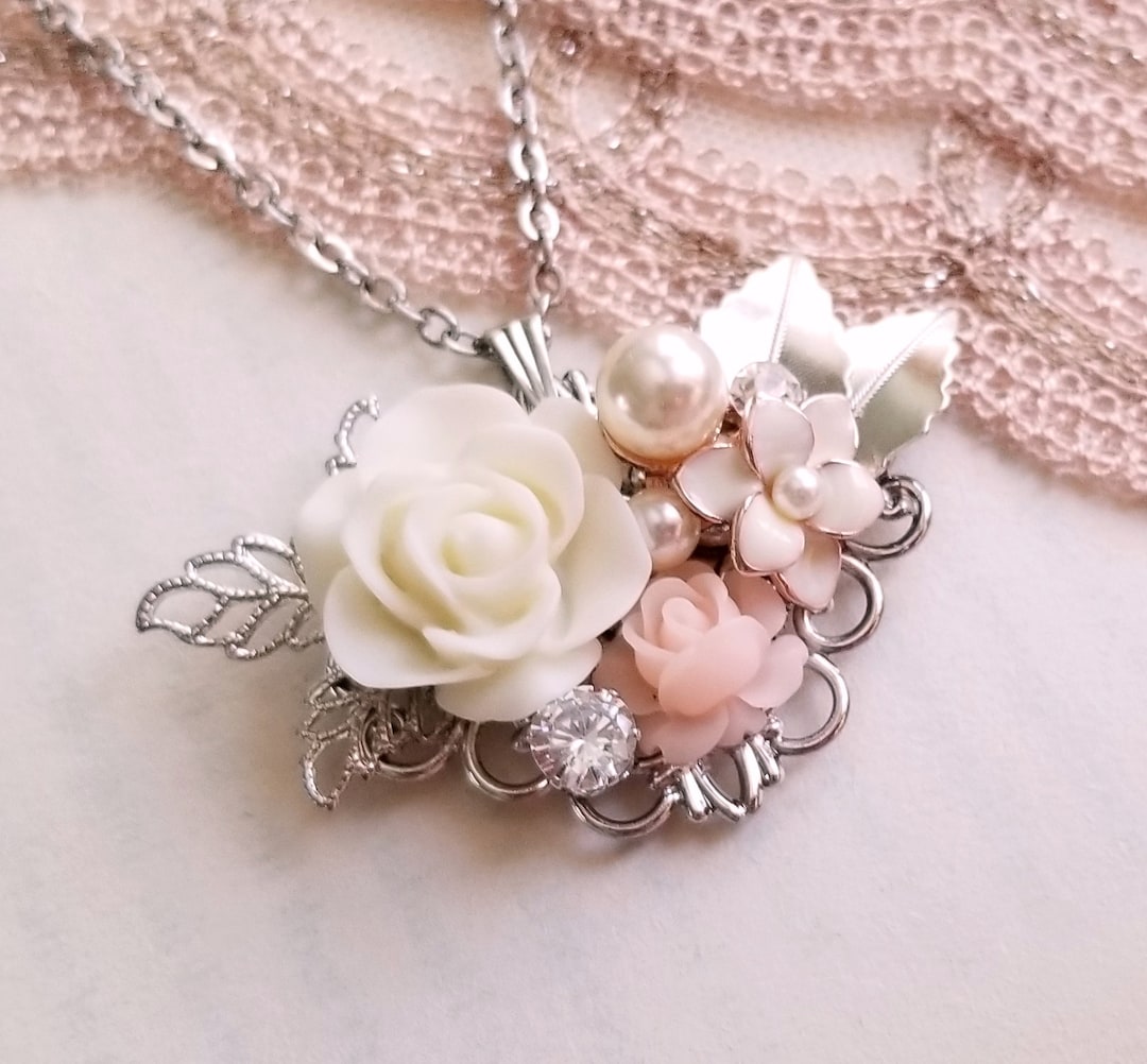 Pink and White Flower Necklace, Rhinestone, Pearl, Floral Assemblage - Etsy