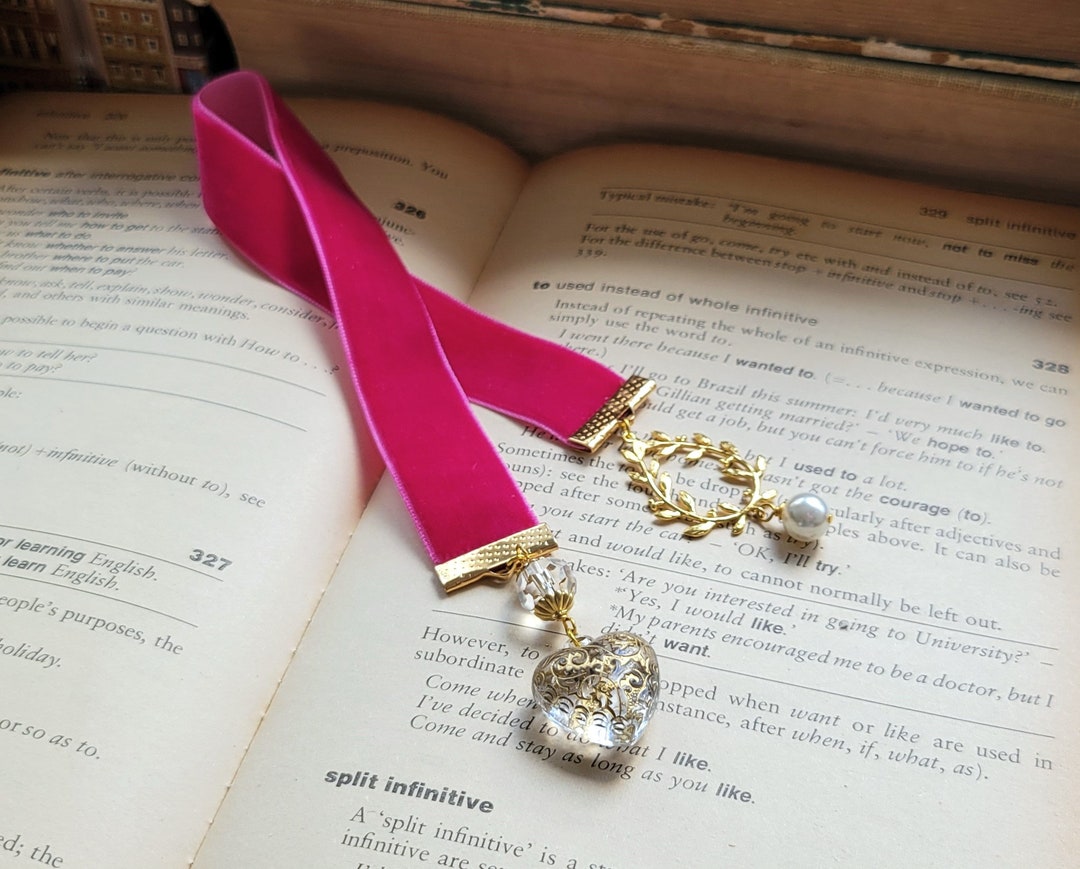 Laurel Wreath Bookmark, Gold Heart and Pearl Bookmark, Fuchsia Velvet ...