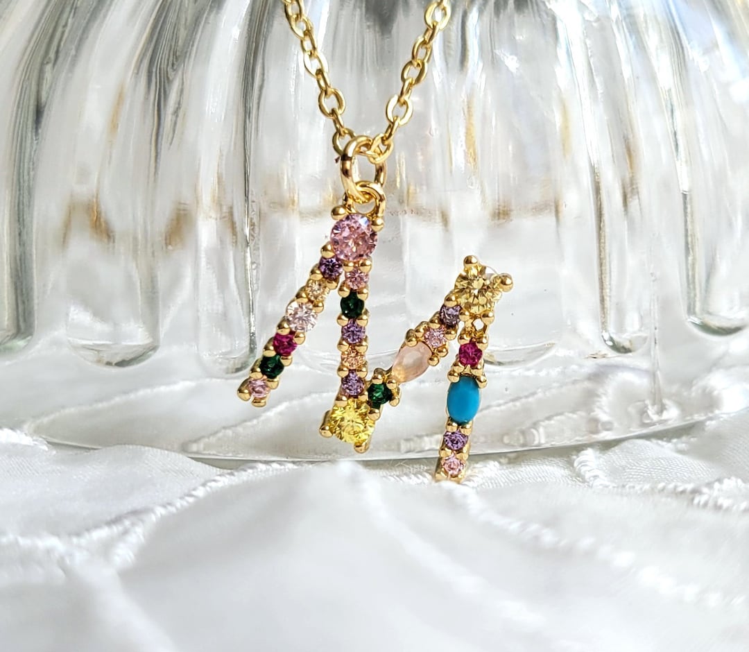 Initial Necklace Gold Crystal Initial Pendant Rainbow Pendant Necklace ...