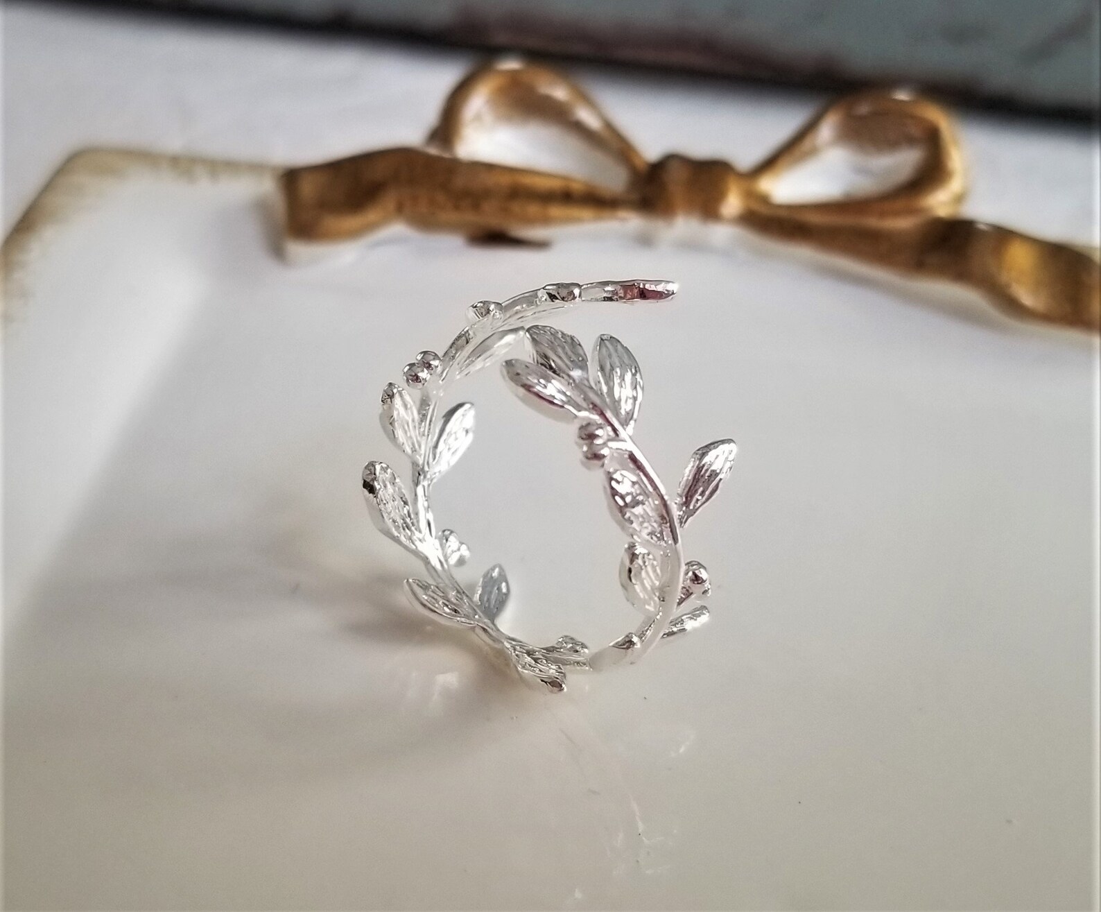 Silver Plated Brass Laurel Wreath Ring, Adjustable Leaf Ring - Etsy