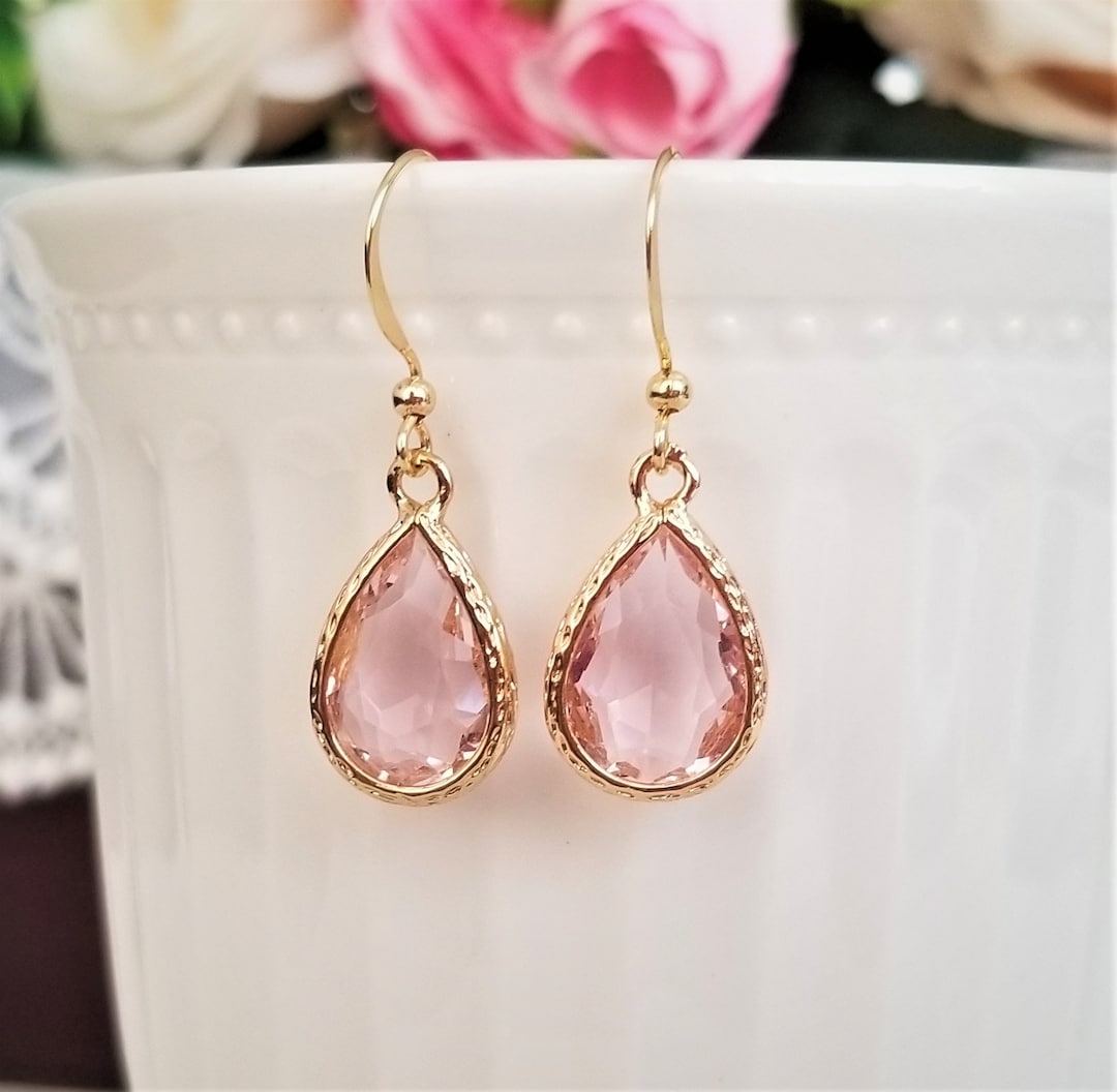 Pink Drop Earrings Pink Crystal Earrings Teardrop Earrings - Etsy