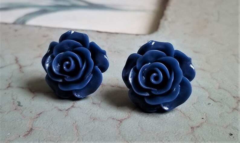 Navy Blue Rose Stud Earrings, Sterling Silver Posts - Etsy UK