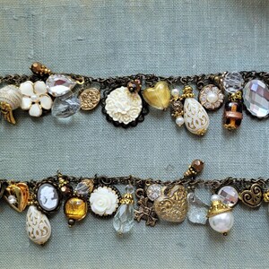 Pearl and Gold Charm Bracelet, Shabby Chic, Vintage Inspired Bracelet, Charms Bracelet, Crystal ...