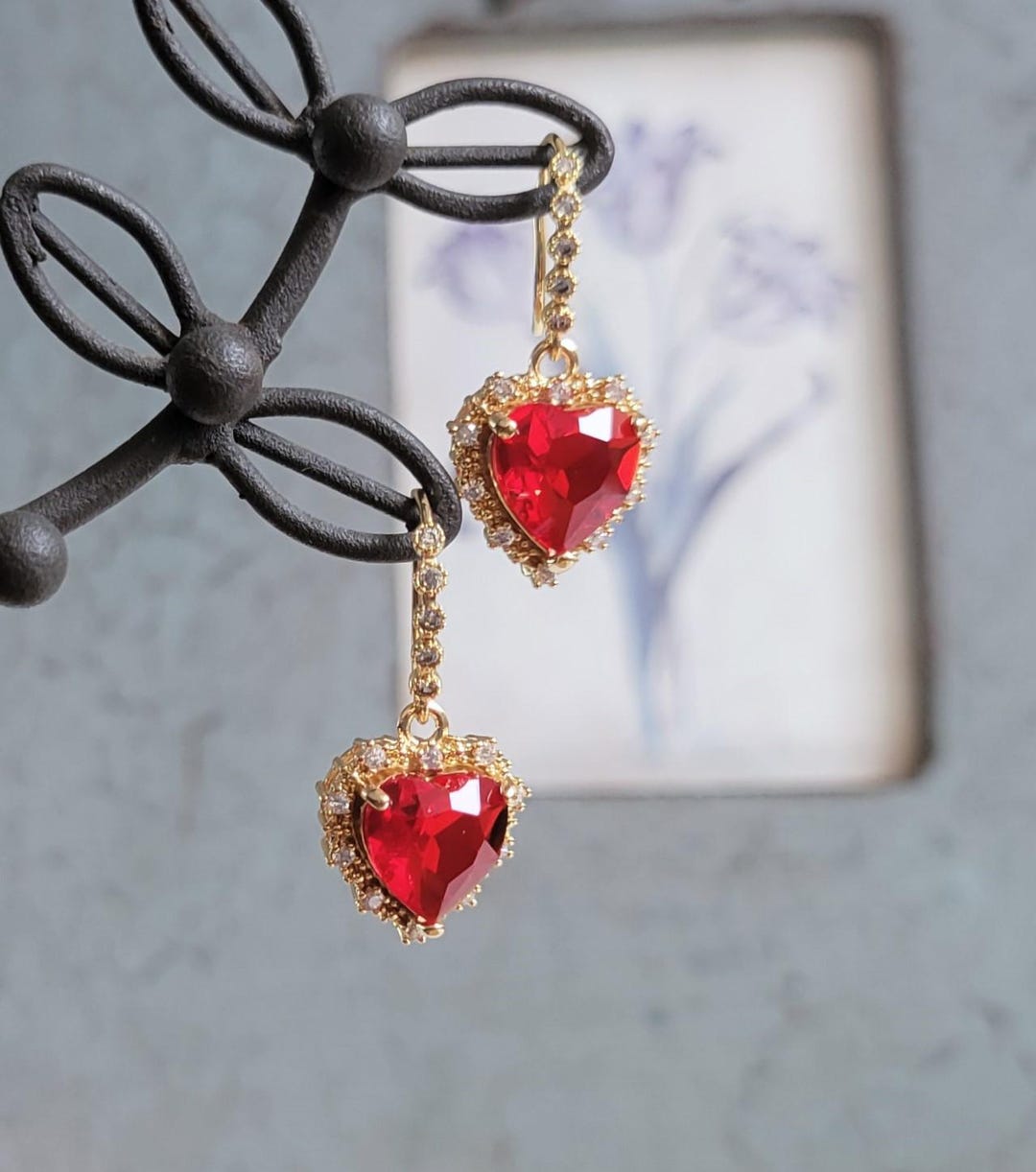 Red Heart Drop and Necklace Set, Red Drop CZ Earwire Dangling Earrings ...
