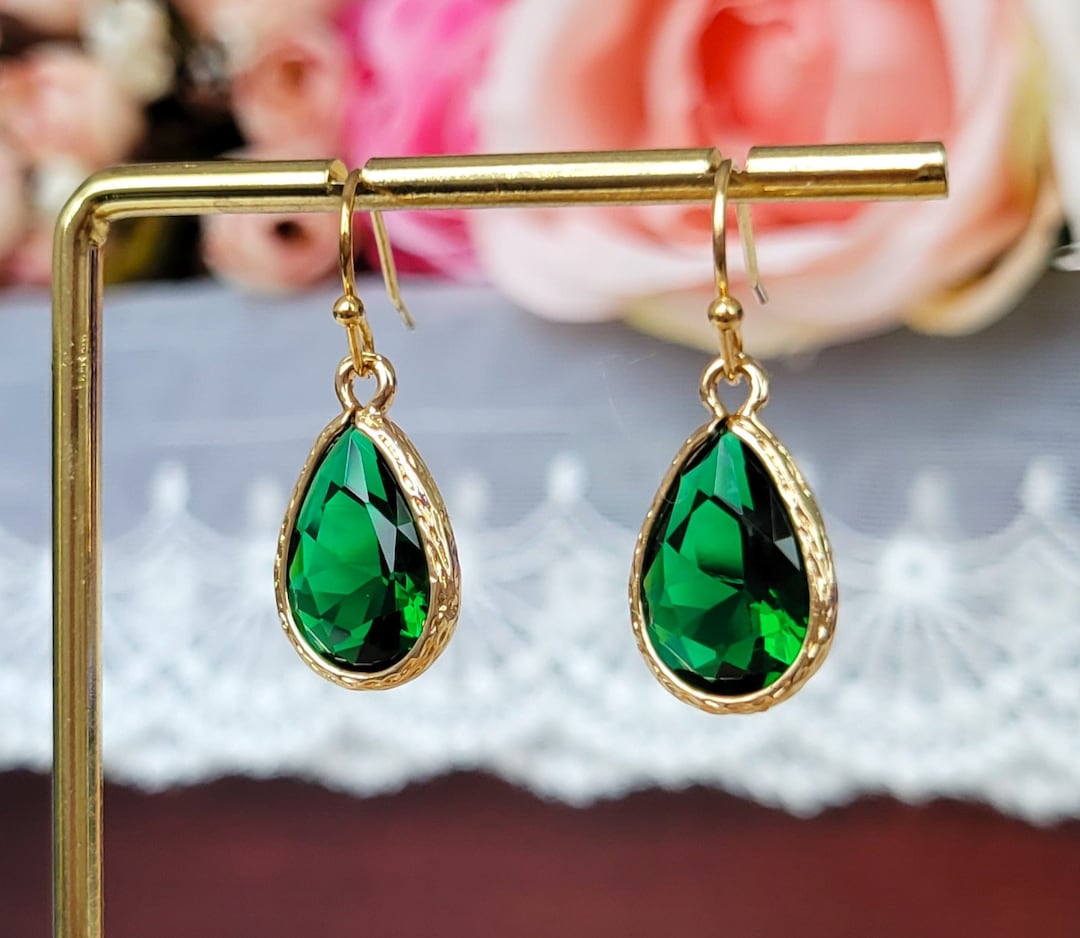 Emerald Green Drop Earrings, Green Crystal Earrings, Green Drop ...