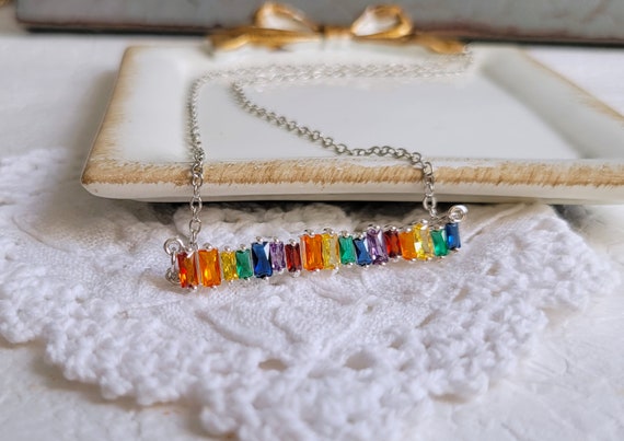 Rainbow Pendant Necklace CZ Rainbow Bar Necklace Gold | Etsy