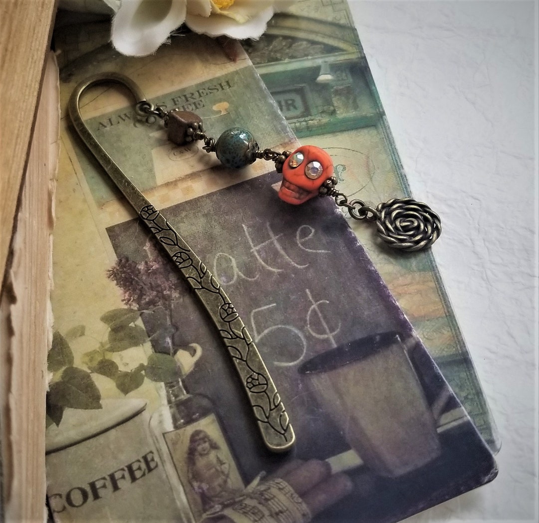 Whimsical Bookmark, Metal Bookmark, Skull Bookmark, Howlite and Wood ...