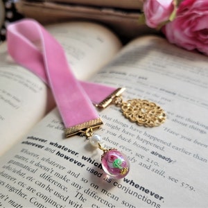Ribbon Bookmark Pink Velvet Bookmark Velvet Bookmark Lampwork Bead ...